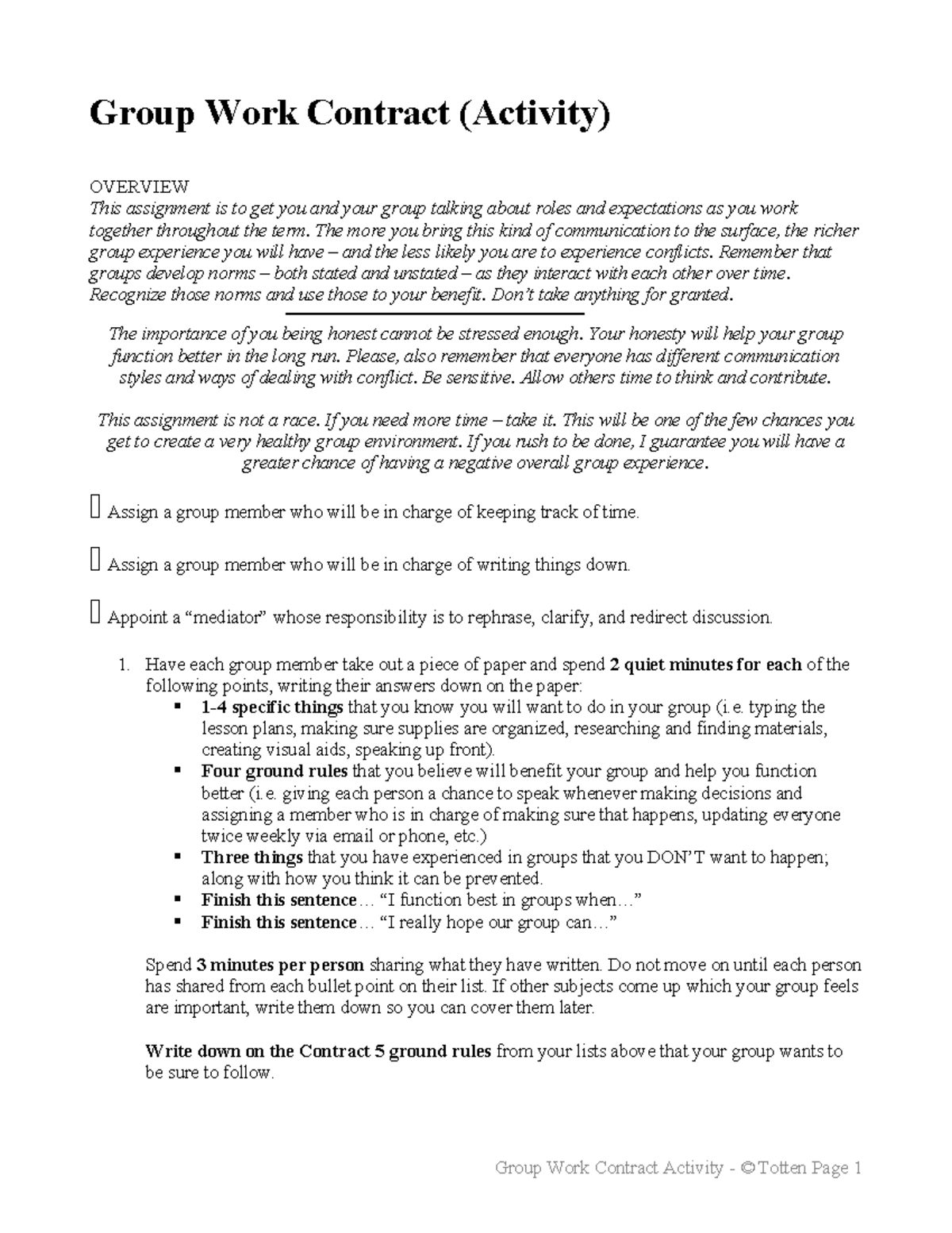 Group Work Contract, Gloria Totten 0 - Group Work Contract (Activity ...