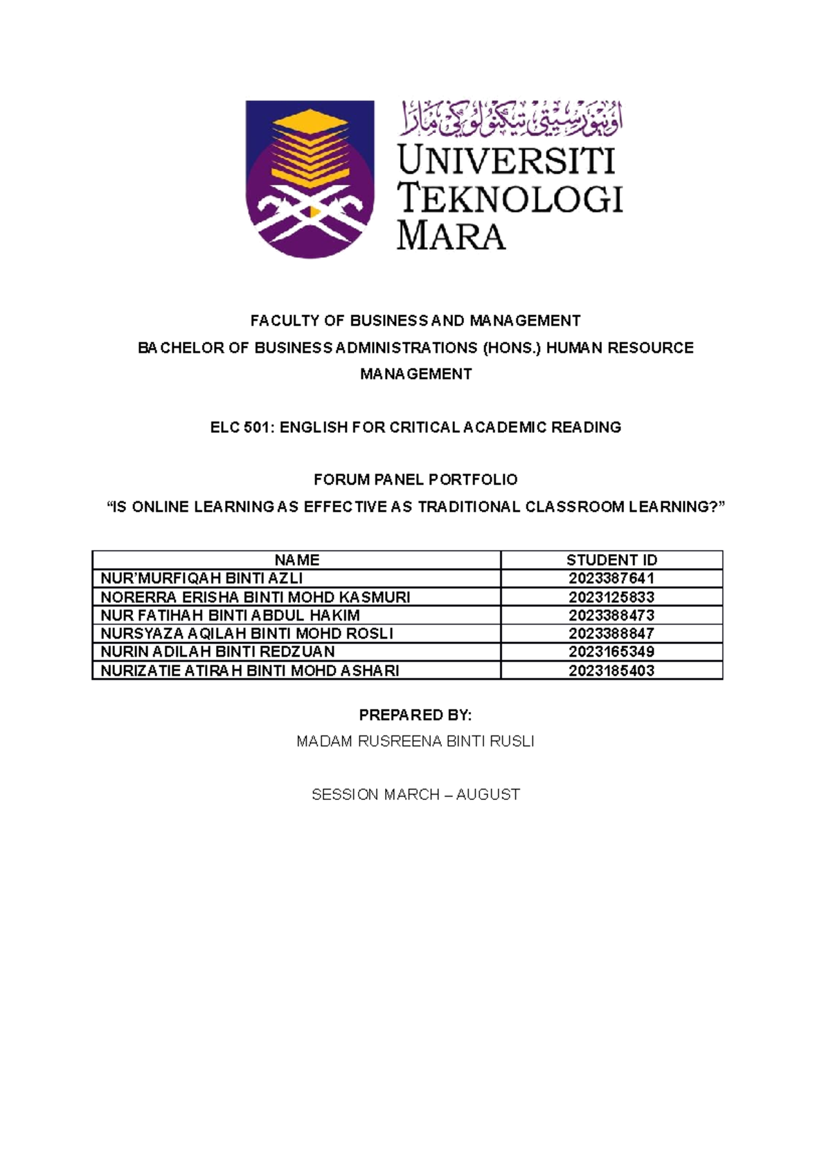 Report Forum ELC501 - FACULTY OF BUSINESS AND MANAGEMENT BACHELOR OF ...