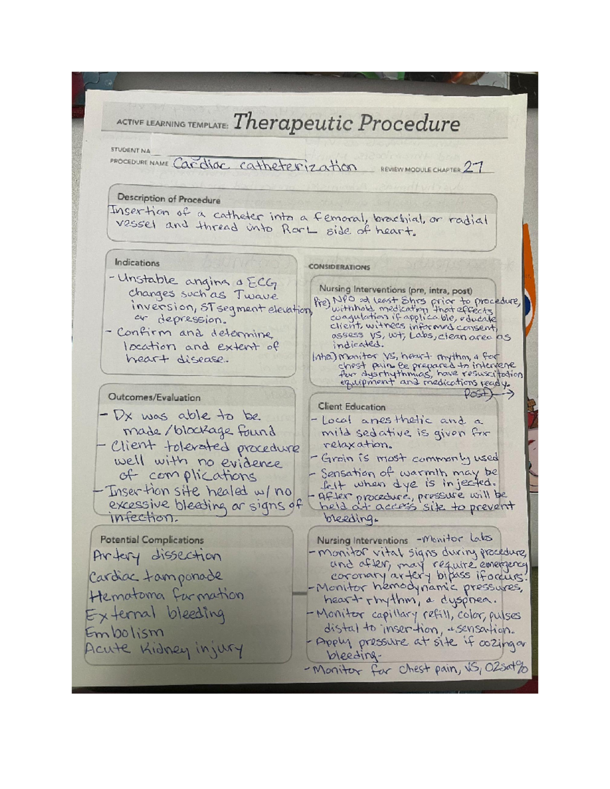 ATI ALT Therapeutic Procedure Pre and Post cardiac cath - NUR 424 - Studocu