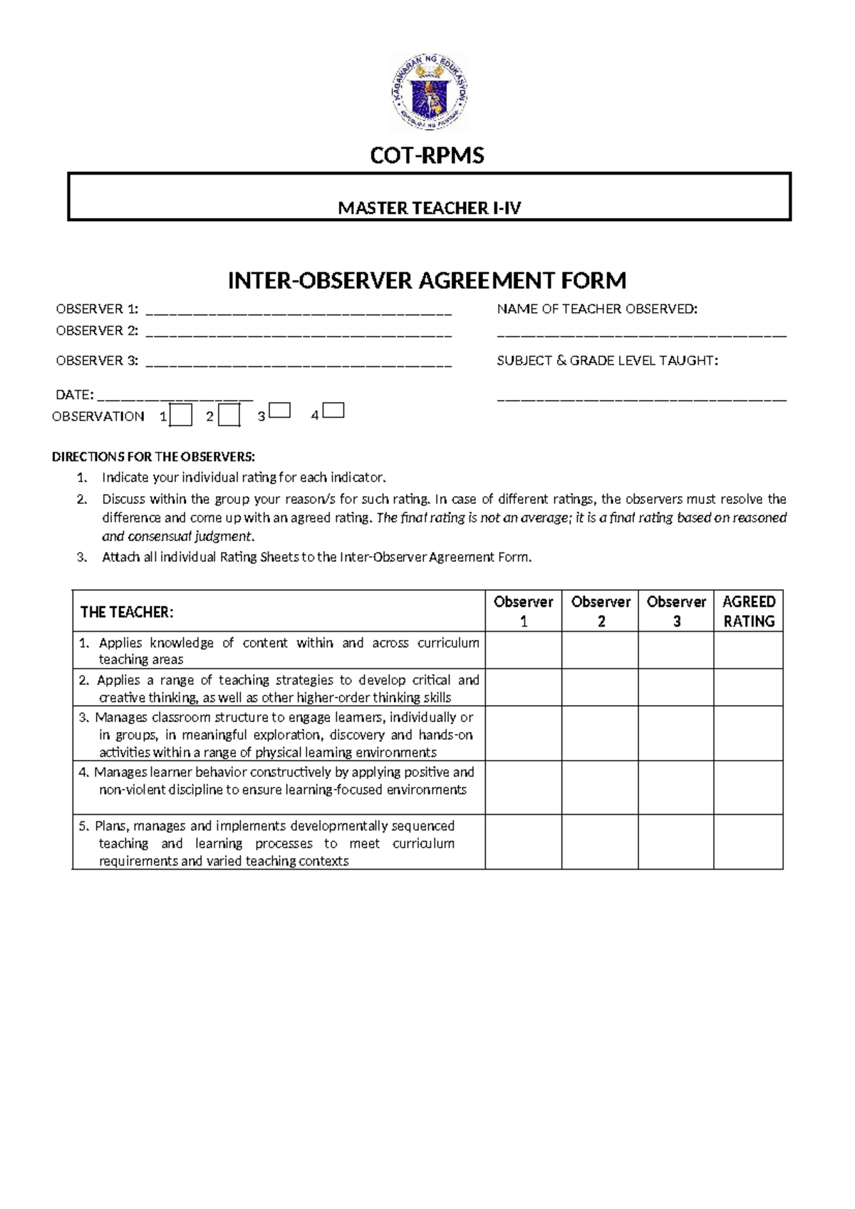 Inter-Observer Agreement Form MTI-IV 051018 - COT-RPMS MASTER TEACHER I ...