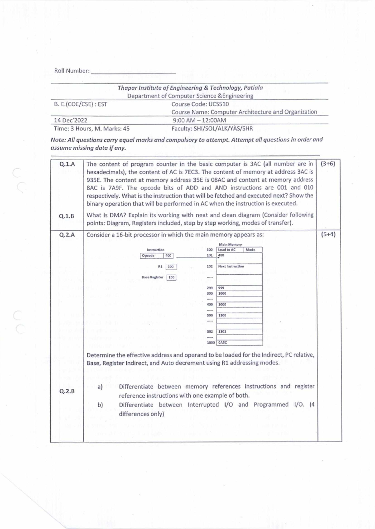 UCS510 - question papers - Roll Number: Thapar institute of Engineering & Technology, Patiala ...