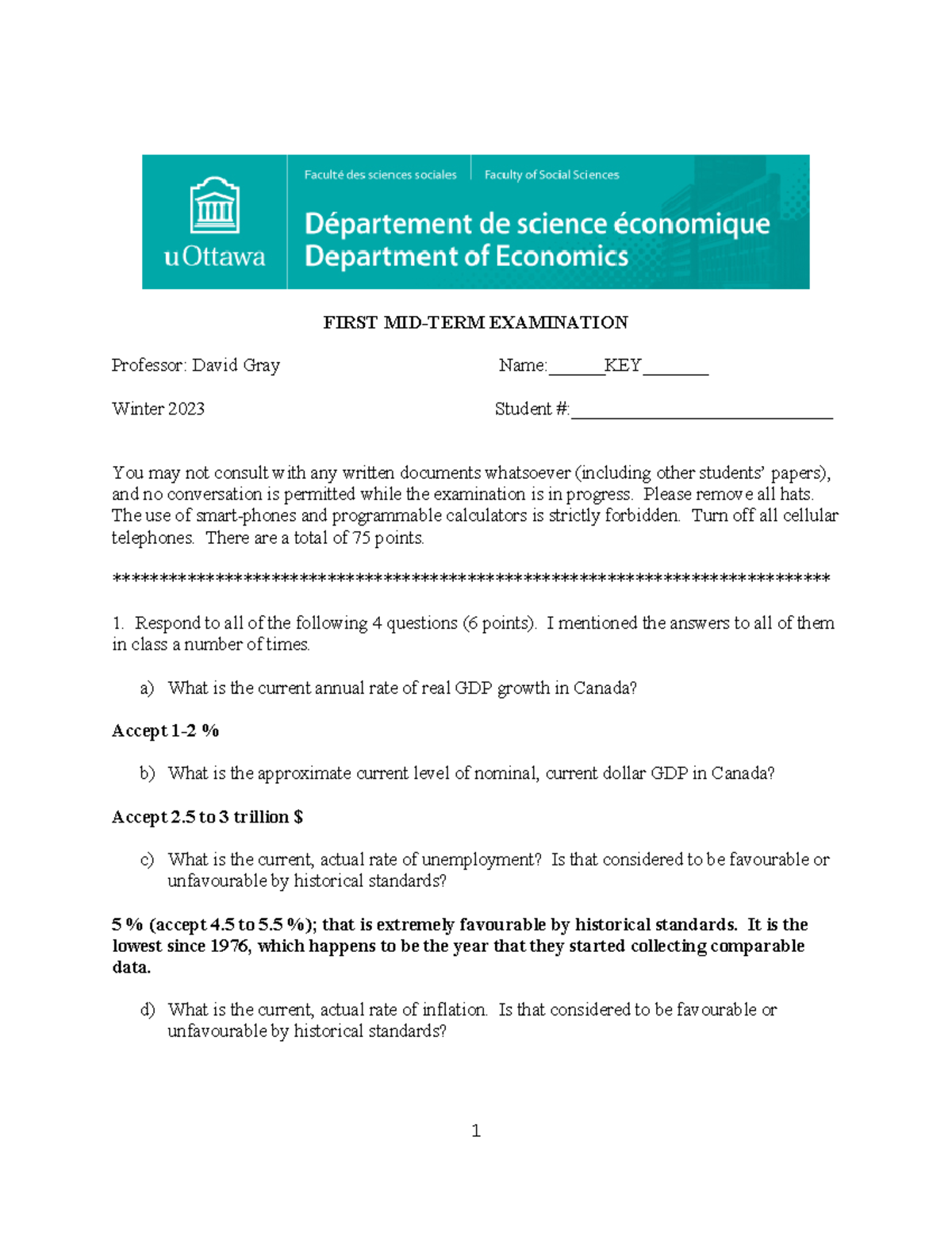 Midterm 1 Solutions - FIRST MID-TERM EXAMINATION Professor: David Gray ...