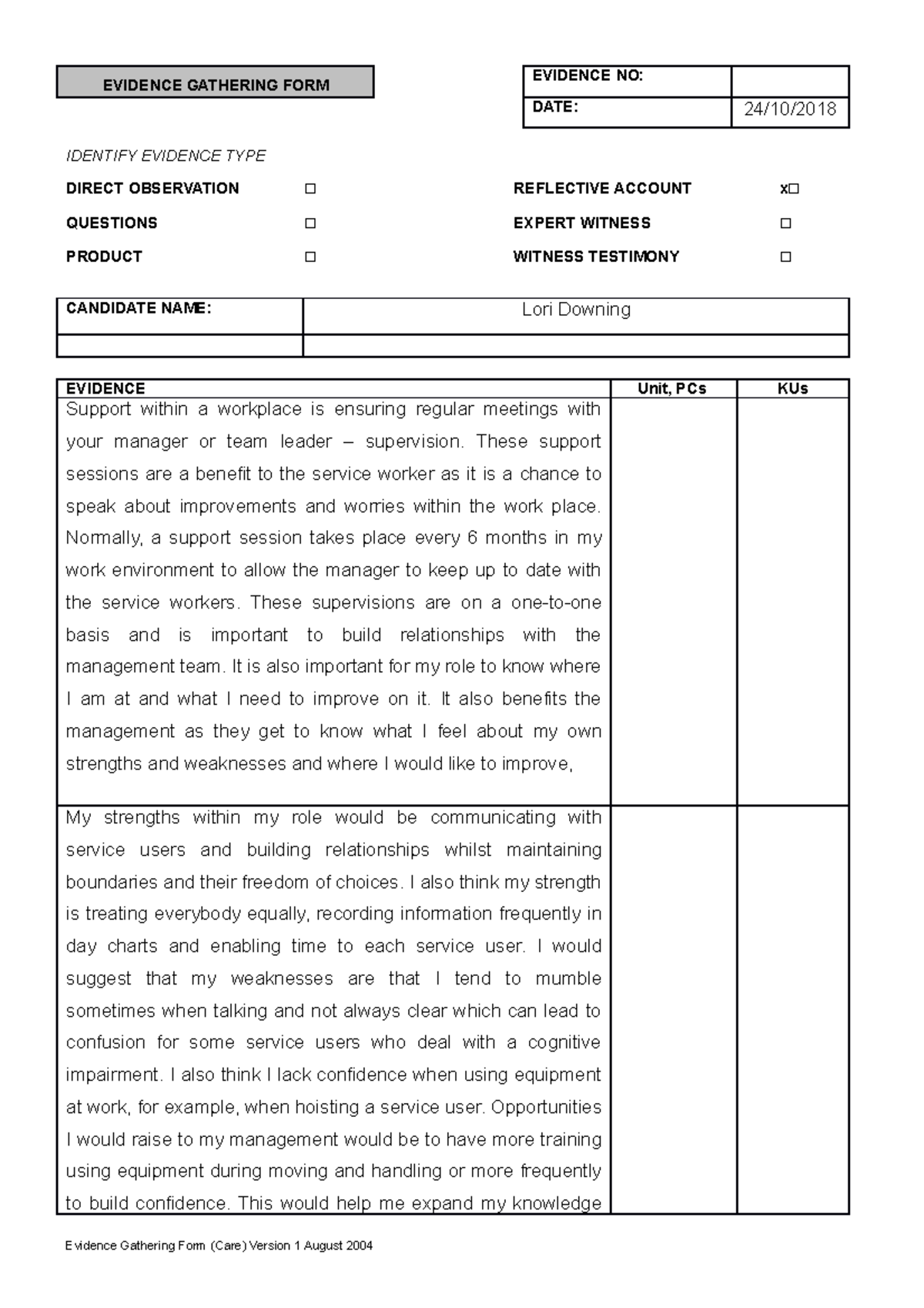 Support Supervision - EVIDENCE GATHERING FORM EVIDENCE NO: DATE: 24/10 ...