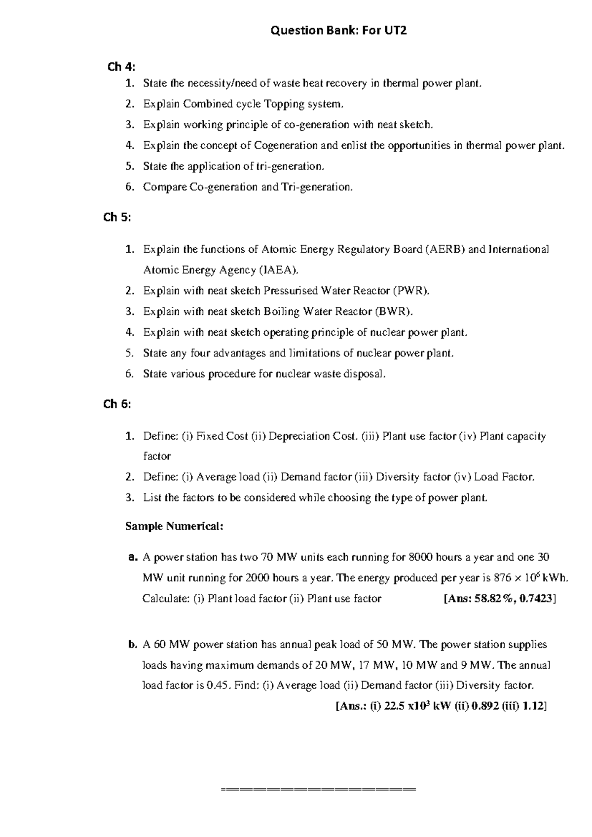 Question Bank UT2 - Define: (i) Fixed Cost (ii) Depreciation Cost. (iii ...