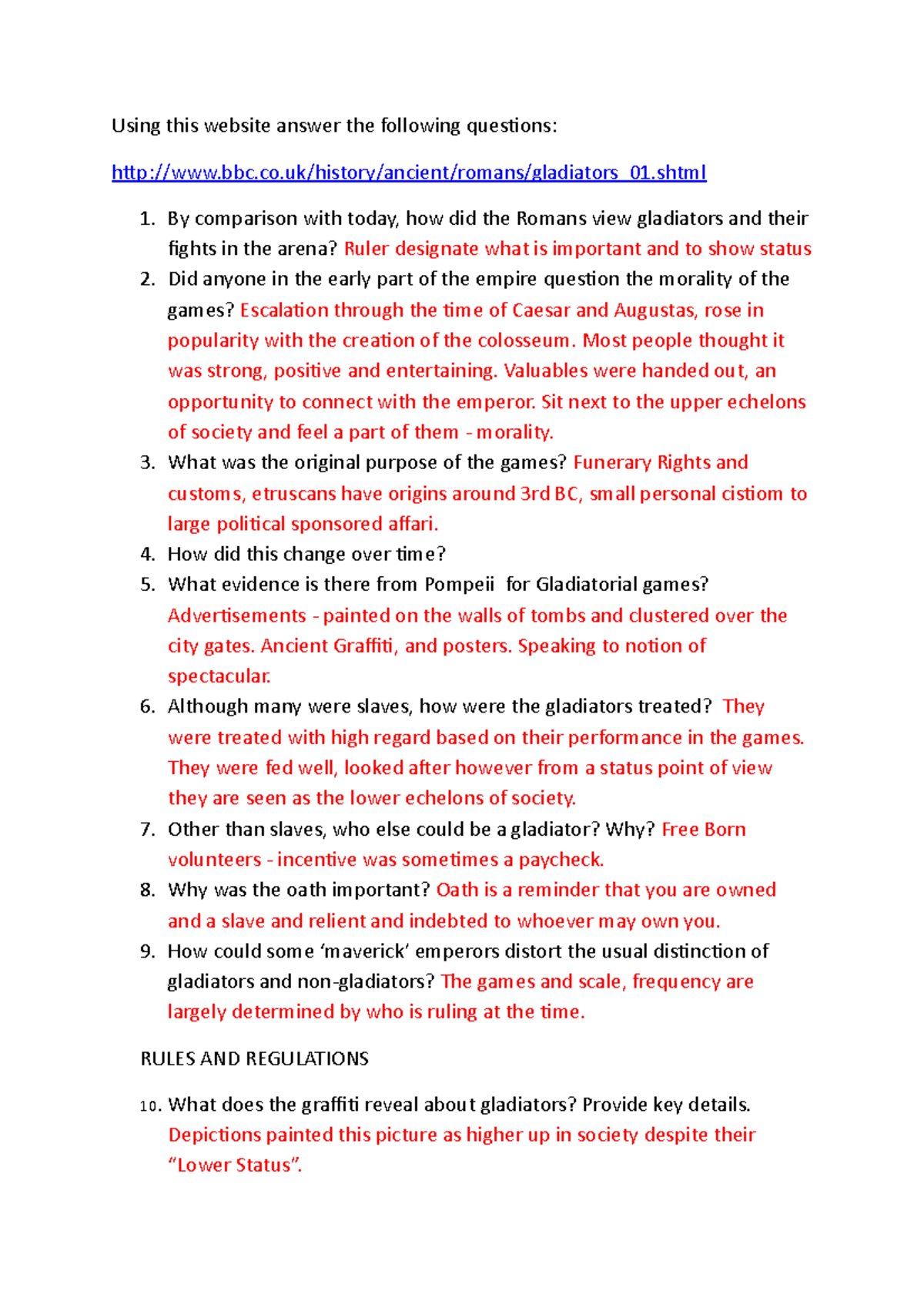 BBC website Gladiators - Using this website answer the following ...