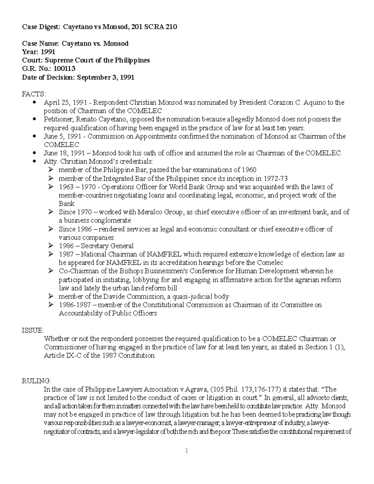 CASE Digest STAT CON - Case Digest: Cayetano vs Monsod, 201 SCRA 210 ...