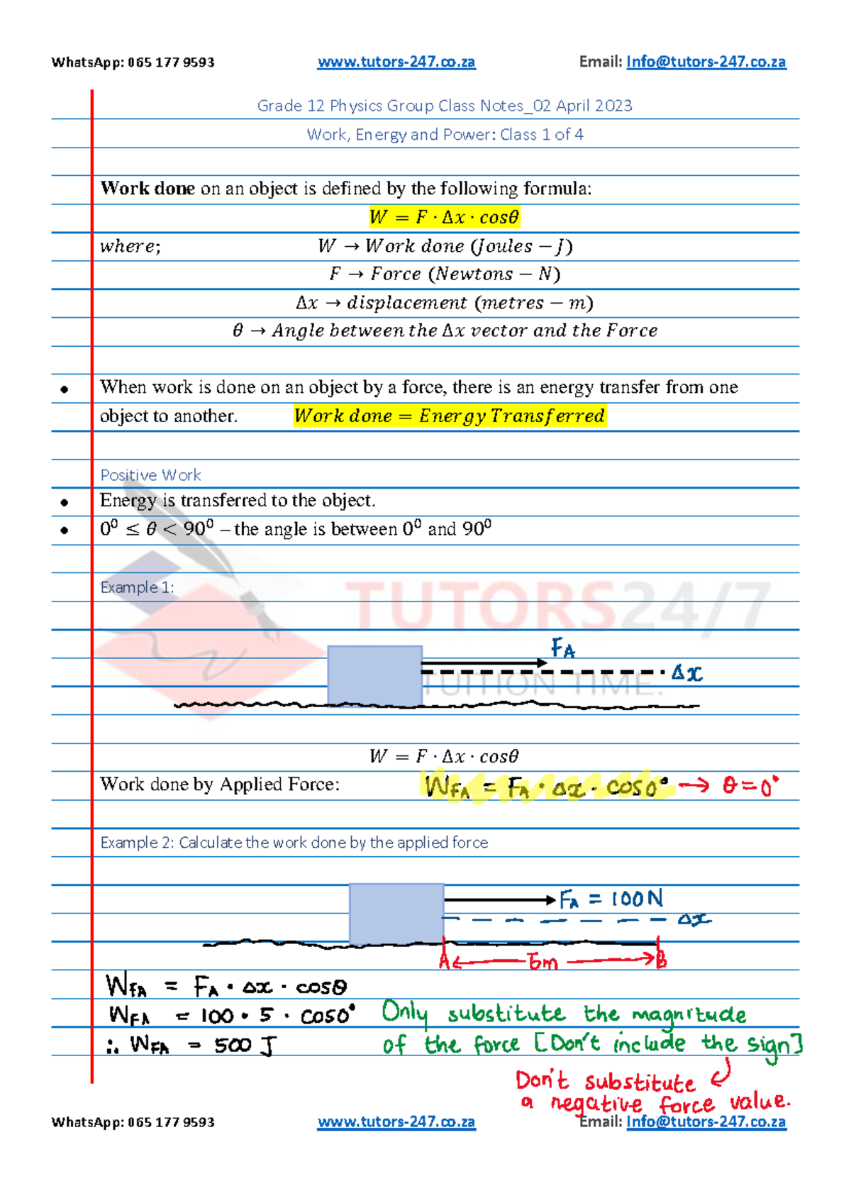 Work Energy and Power - Grade 12 Physics Group Class Notes_02 April ...