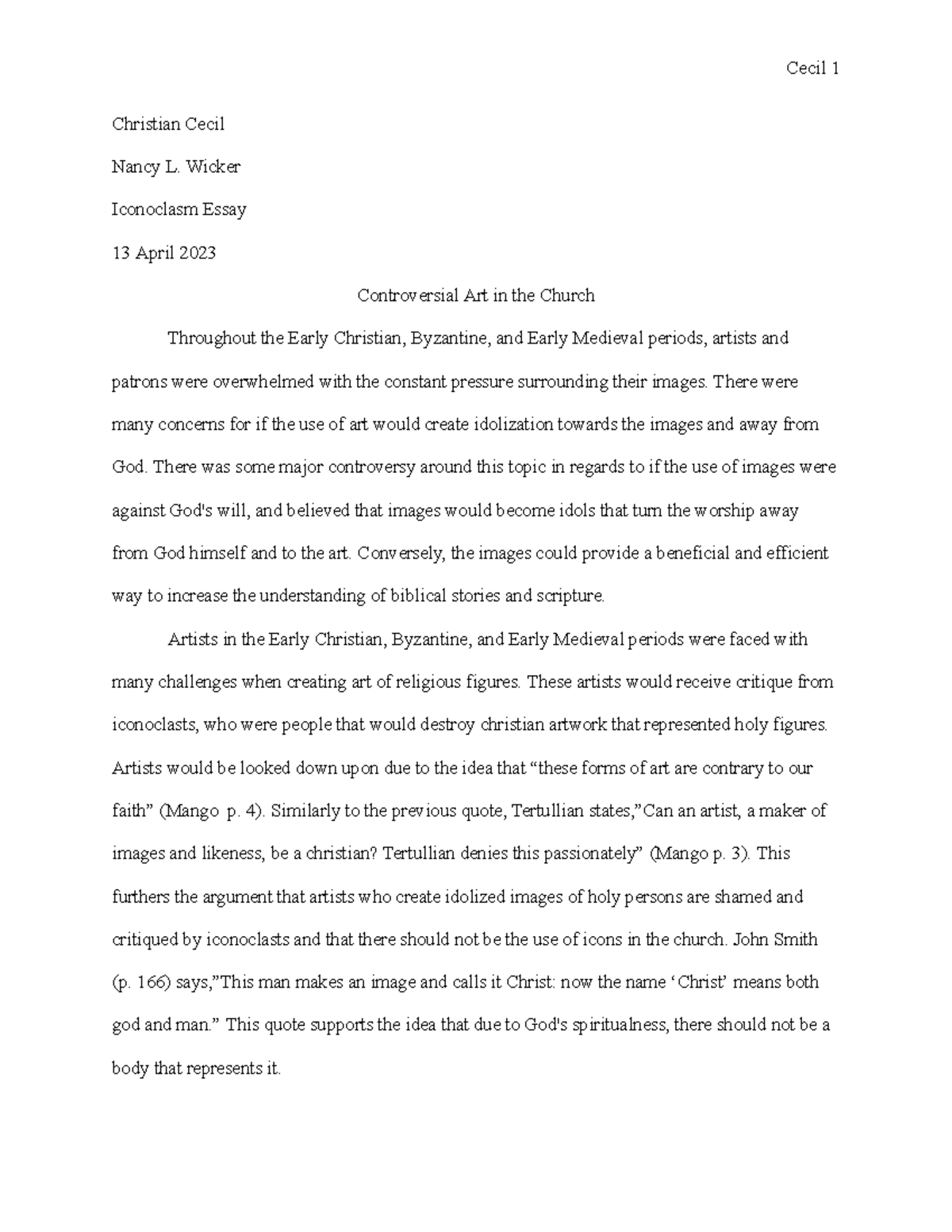 Iconoclasm Essay - major exam for the course - Cecil 1 Christian Cecil ...