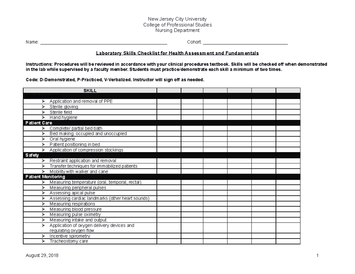 Lab checklist HA and Funds - New Jersey City University College of ...