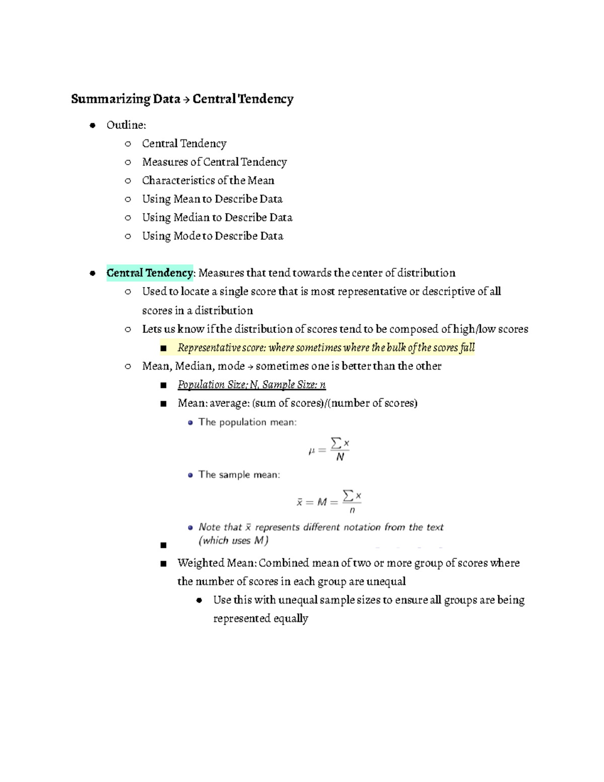 Summarizing Data Central Tendency Notes Summarizing Data → Central Tendency Outline Central