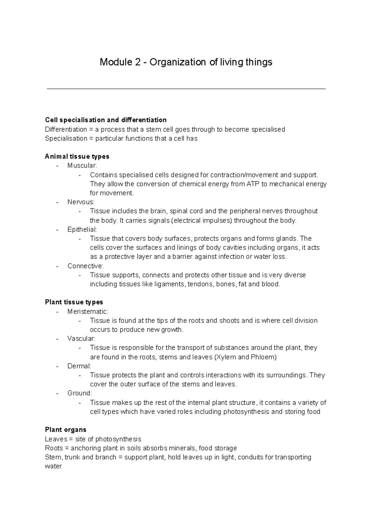 Biology - Module 2 - Module 2 - Organization of living things Cell ...