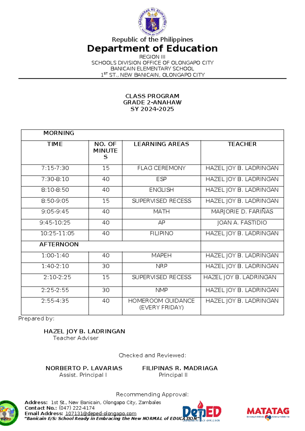 class program of grade 2 - Department of Education REGION III SCHOOLS ...