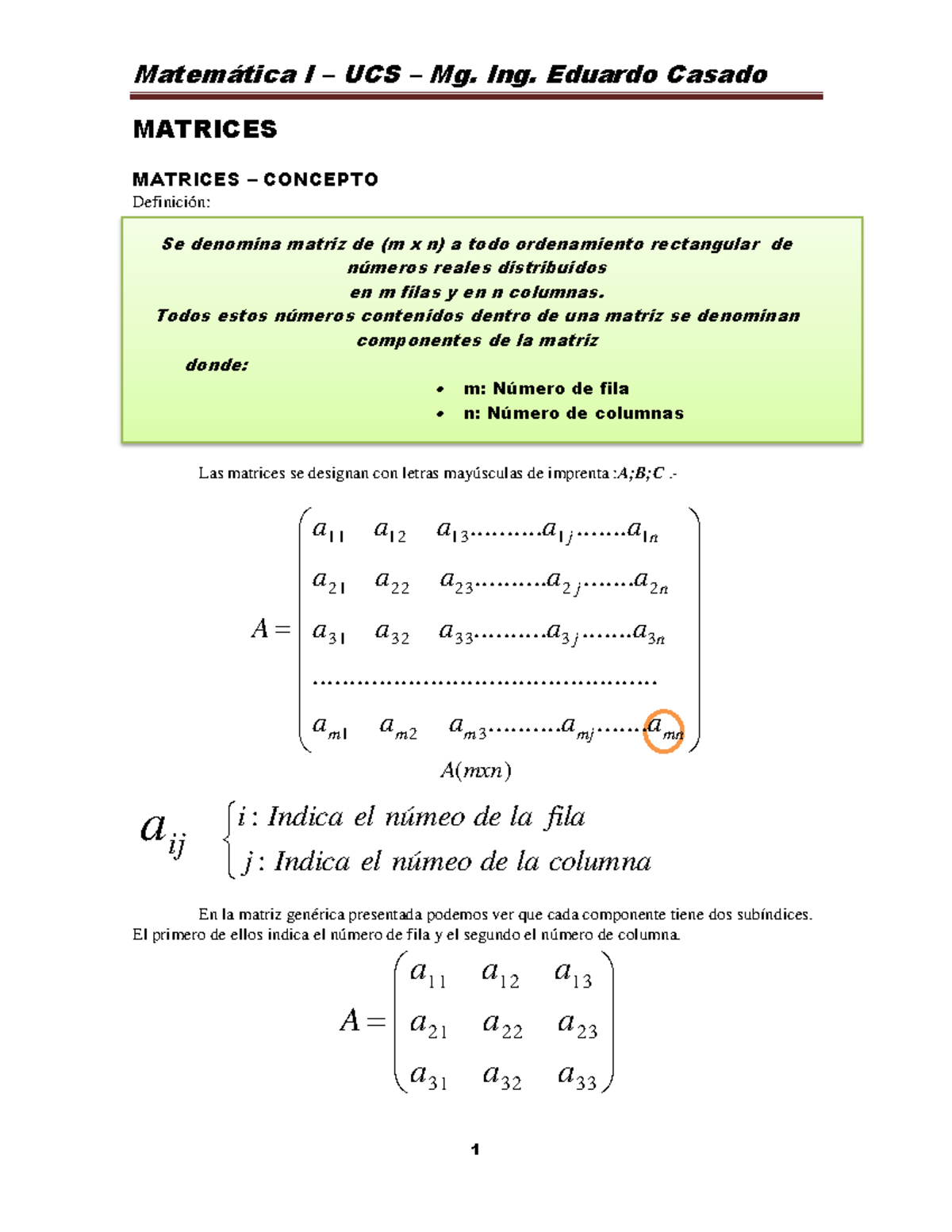 Teoria Matrices - MATRICES MATRICES – CONCEPTO Definición: Se denomina ...