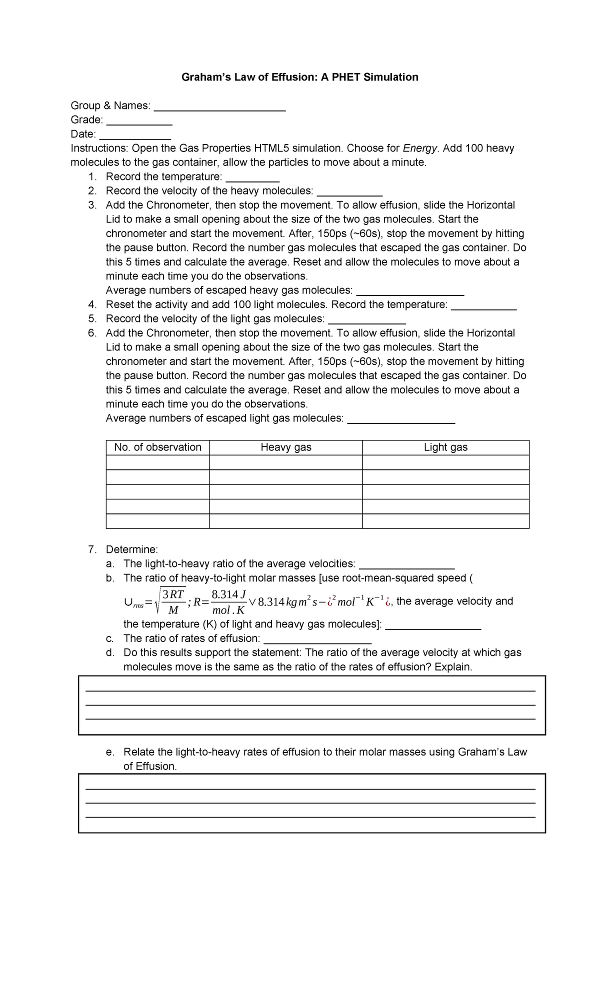 Activity - Graham’s Law of Effusion: A PHET Simulation Group & Names