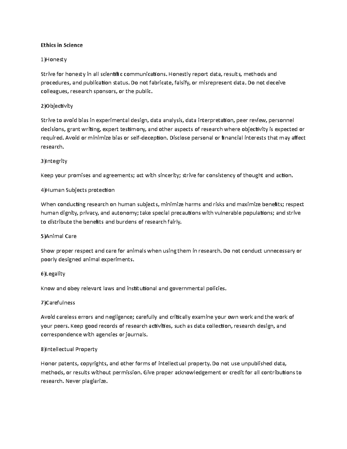 Ethics in Science - It's lecture notes - Ethics in Science 1)Honesty ...