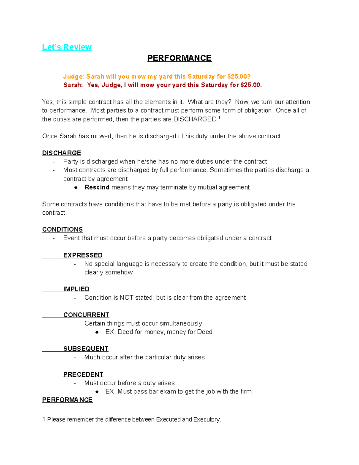 Elements of Contract Performance and Discharge - Studocu