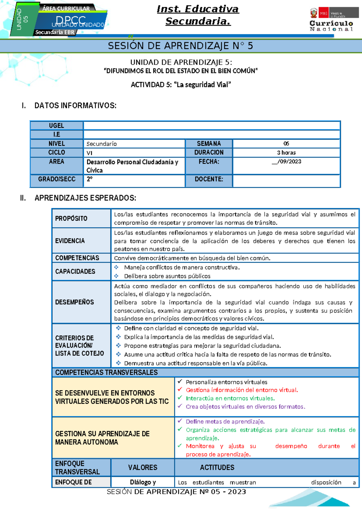 2º DPCC- Sesion 5 UNI 5 - SEM 05 - Secundaria EBR UNIDAD 05 DPCC Inst. Educativa Secundaria ...