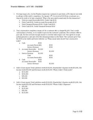 ACC 101 Practice Midterm - Practice Midterm – ACC 101 – Autumn 1. For large repair jobs, Joe the ...