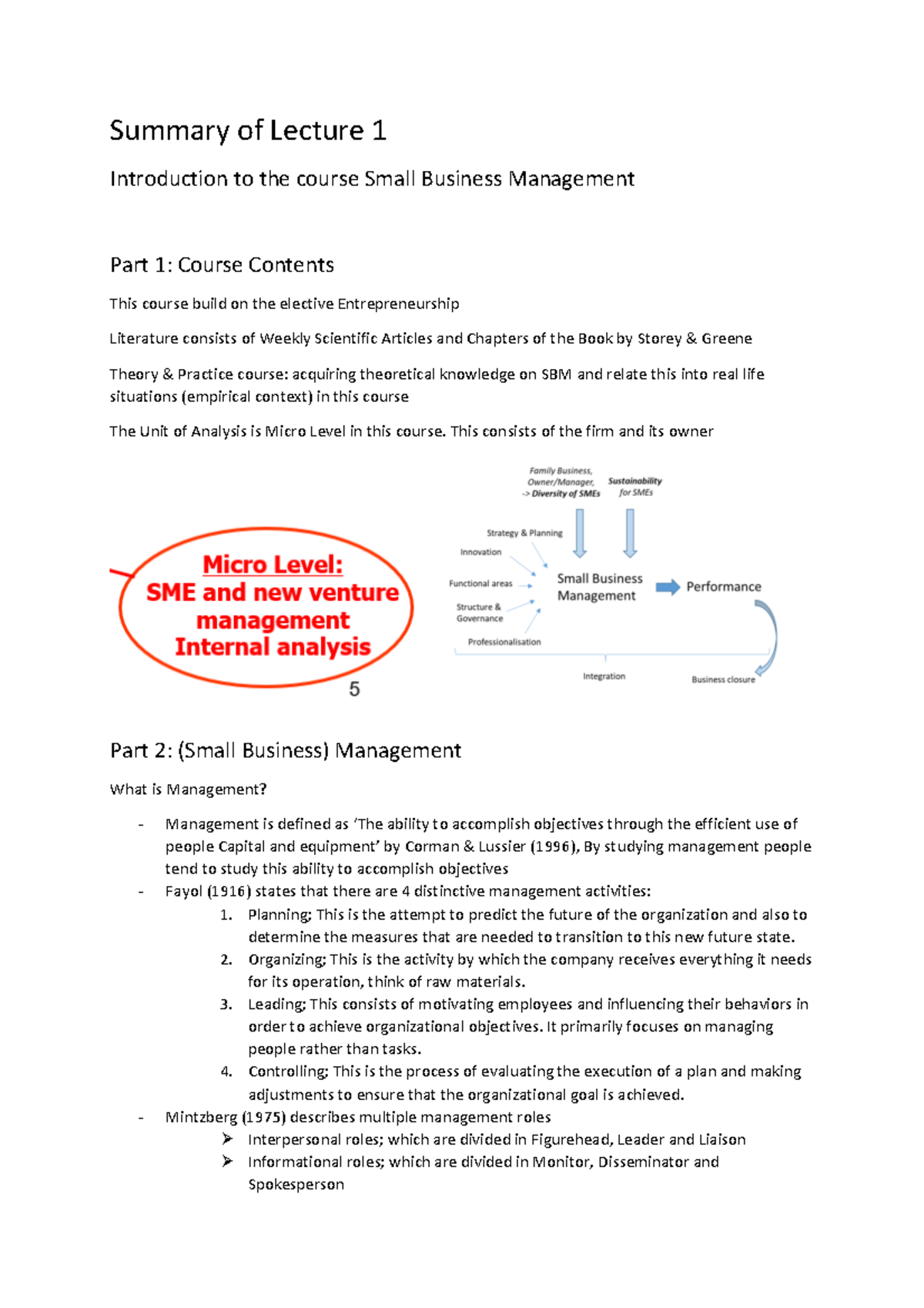 SBM Summary 2022 - Summary of Lecture 1 Introduction to the course Small Business Management ...