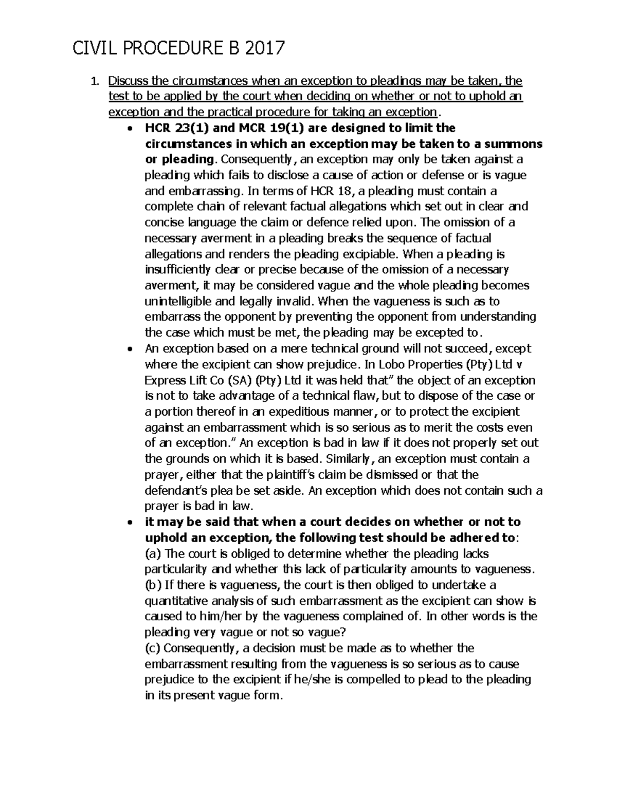 SUMMARY OF ANSWERS FOR CIVIL PROCEDURE - Discuss the circumstances when ...