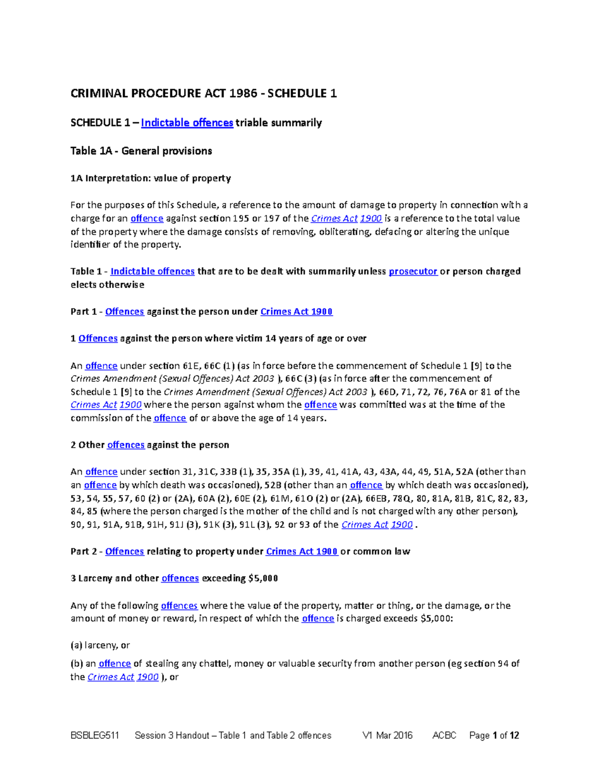 Bsbleg 511 Session 3 Handout - Table 1 and Table 2 offences V1 Mar 2016 ...