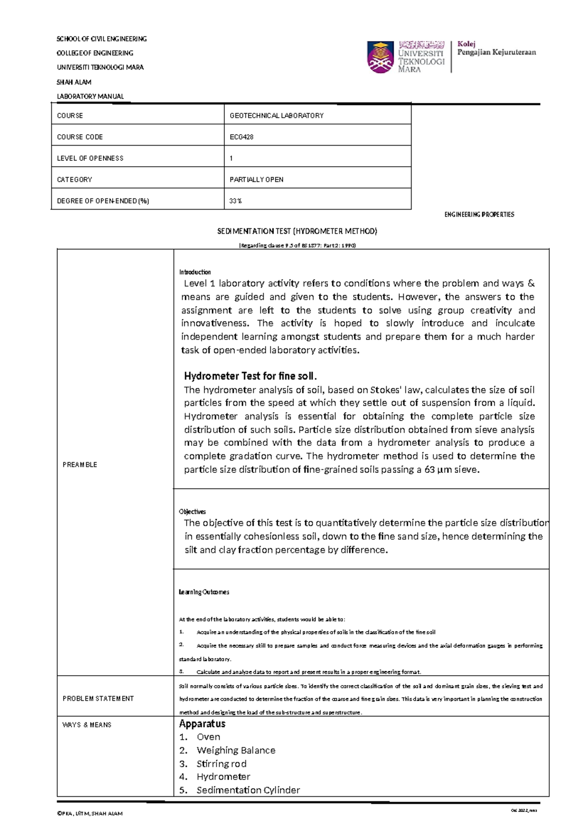 LAB 8 Hydrometer Test Level 1 Manual & Report - COLLEGE OF ENGINEERING ...