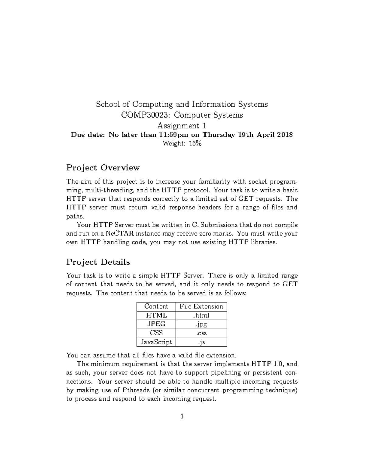 Assignment 1 (Socket) - School of Computing and Information Systems COMP30023: Computer Systems ...