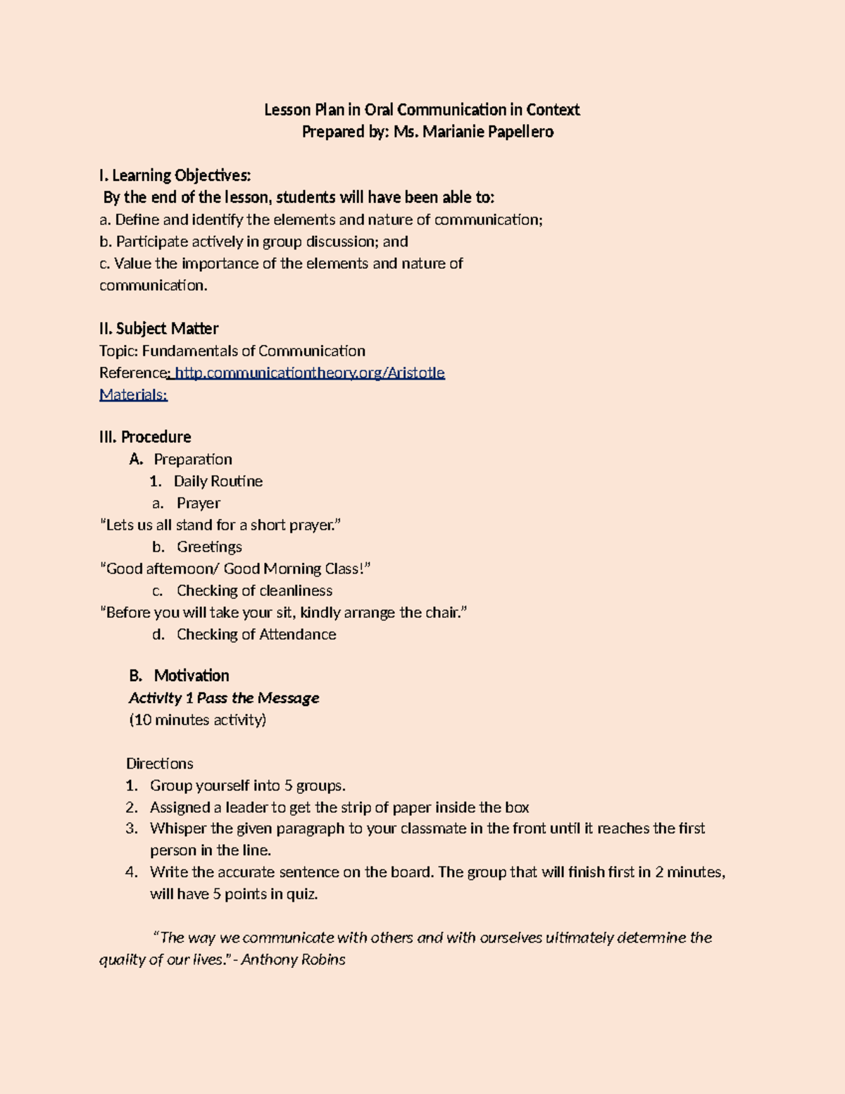 Lesson Plan Fundamental of Communication - Lesson Plan in Oral ...