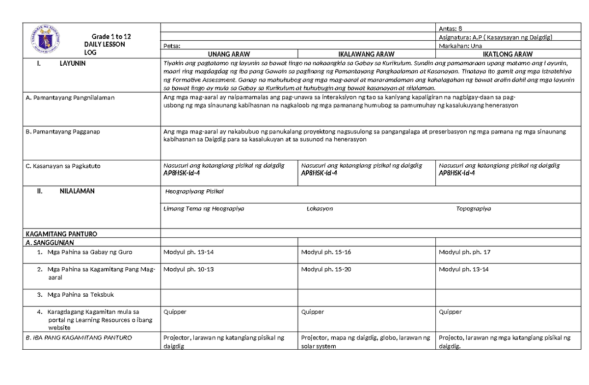 Final AP8First LC-1-5 - lesson plan in ap8 quarter 1 module 1-5 - Grade ...