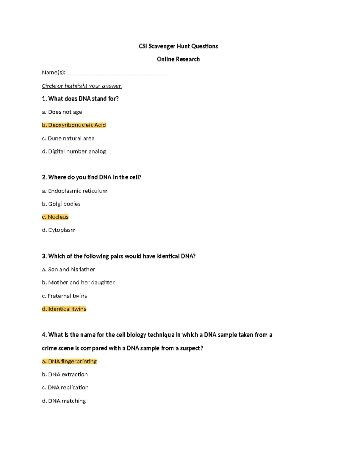 Practice Questions- Human BIO - CSI Scavenger Hunt Questions Online ...