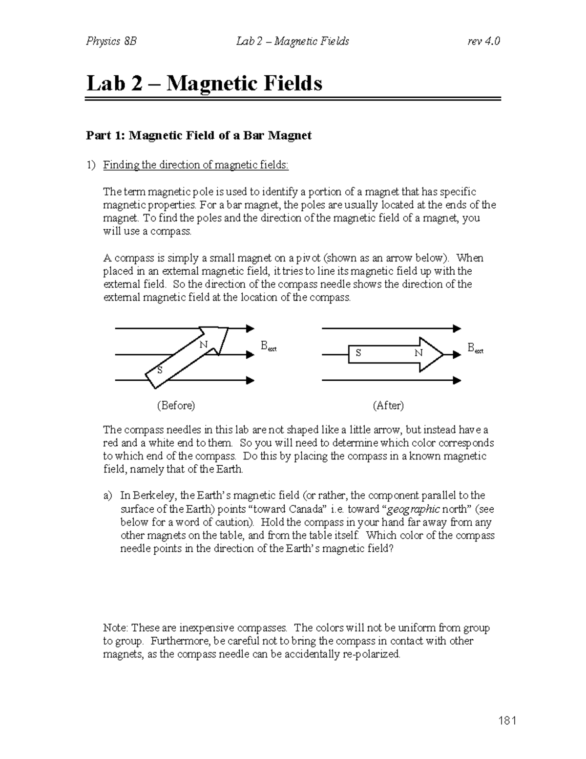 LAB 2 - Lab 2- Magnetic Fields - Lab 2 – Magnetic Fields Part 1: Magnetic Field of a Bar Magnet ...