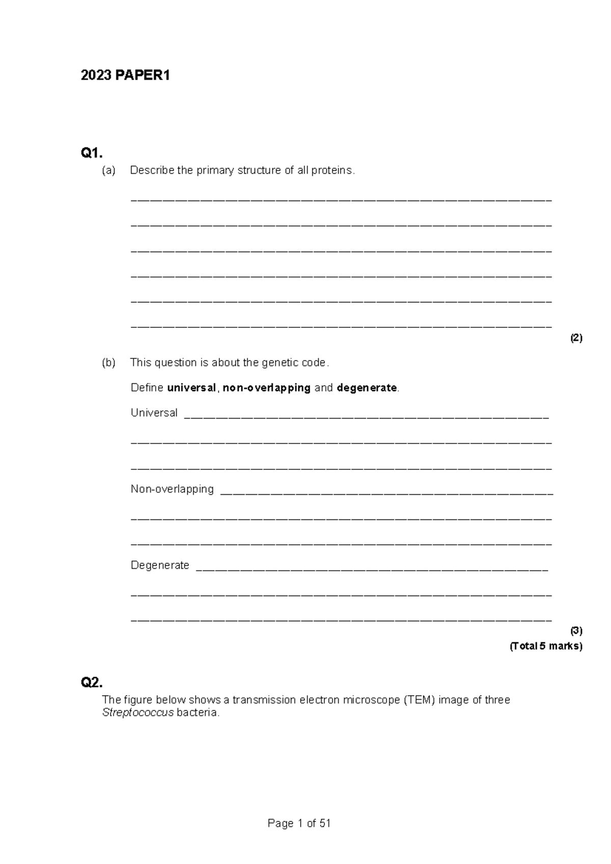 2023 Paper 1 and 2 - 2023 PAPER Q1. (a) Describe the primary structure ...