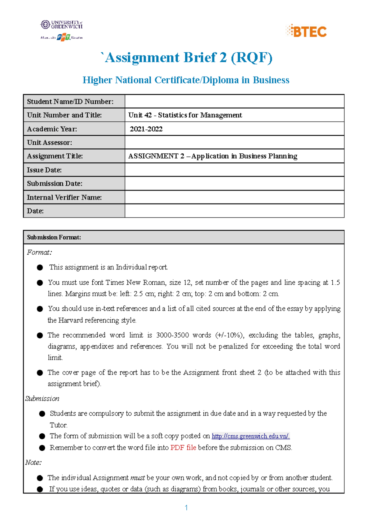 ASM2 Instruction - `Assignment Brief 2 (RQF) Higher National Certificate/Diploma in Business ...