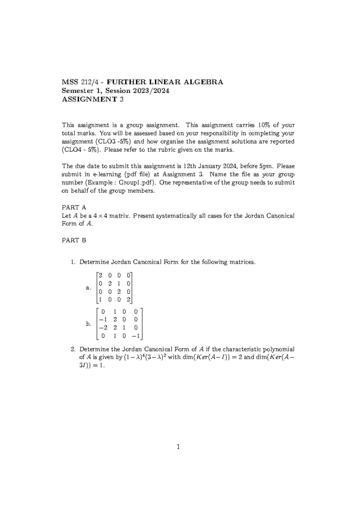 Assignment 3 with rubric - MSS 212 / 4 - FURTHER LINEAR ALGEBRA Semester 1, Session 2023 ...