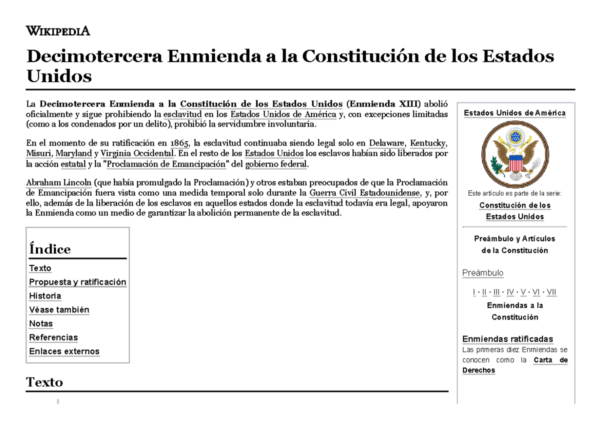 Decimotercera Enmienda a la Constitución de los Estados Unidos ...