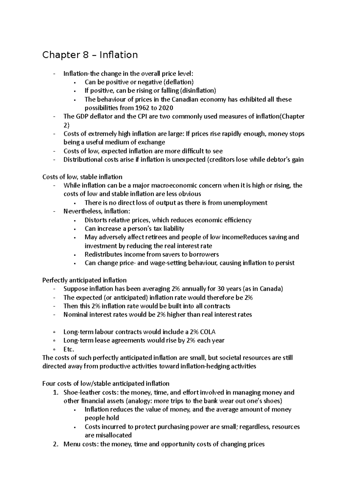 Chapter 8 – Inflation - Notes from textbook and in class. Professor ...