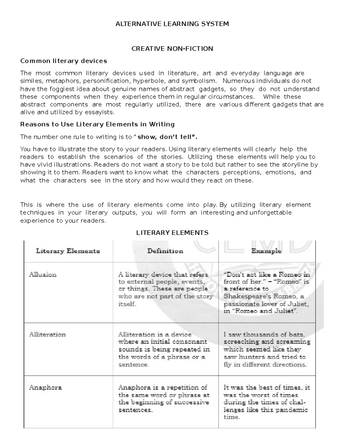 Creative NON Fiction - ALTERNATIVE LEARNING SYSTEM CREATIVE NON-FICTION ...