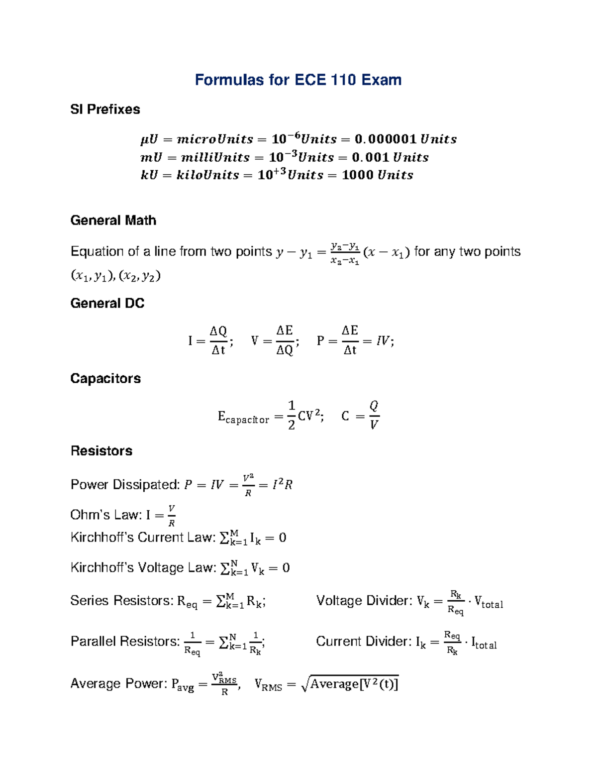 Formula ECE110 - Formulas for ECE 110 Exam SI Prefixes 𝝁𝝁𝝁𝝁 ...