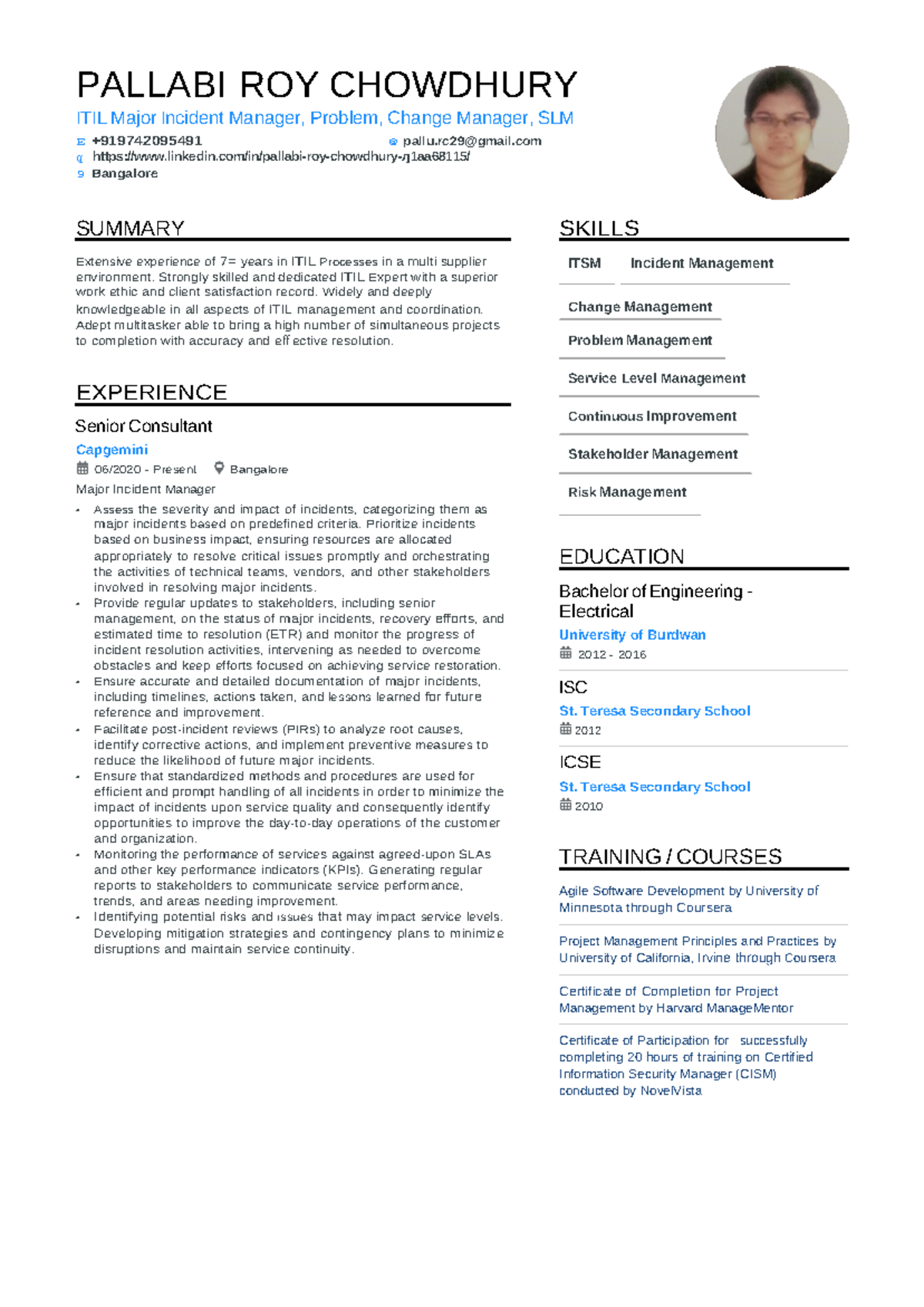 CV - Pallabi Roy Chowdhury - PALLABI ROY CHOWDHURY ITIL Major Incident ...