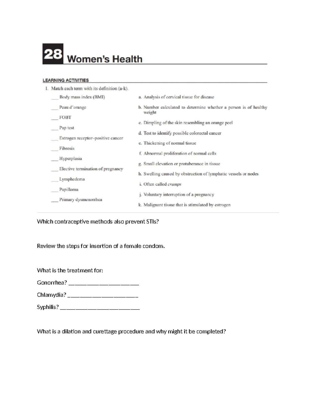 Women's Health Review Worksheet - Which contraceptive methods also ...