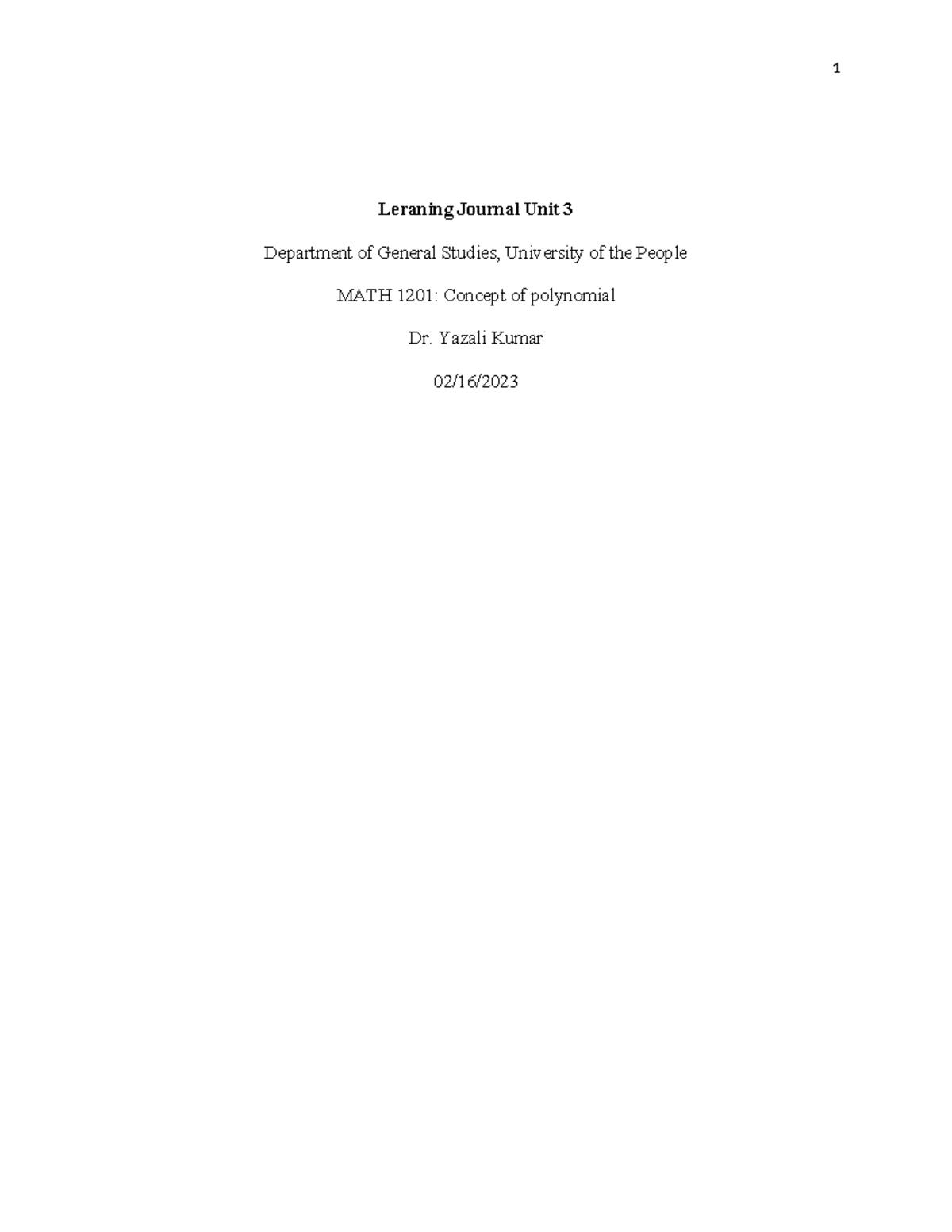 Learning Journal - 1 Leraning Journal Unit 3 Department of General ...