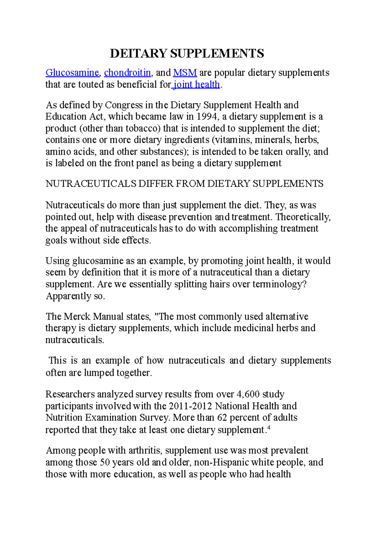 Deitary Supplements - DEITARY SUPPLEMENTS Glucosamine, chondroitin, and ...