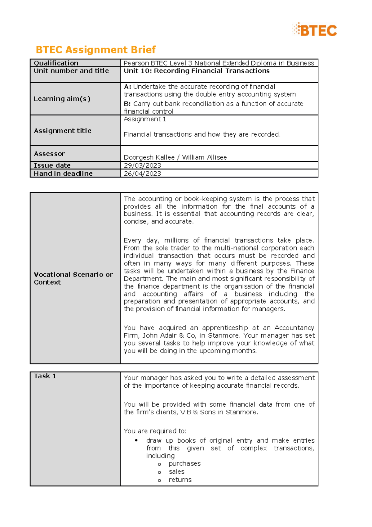 Unit 10 Assignment Brief 1 - BTEC Assignment Brief Qualification ...