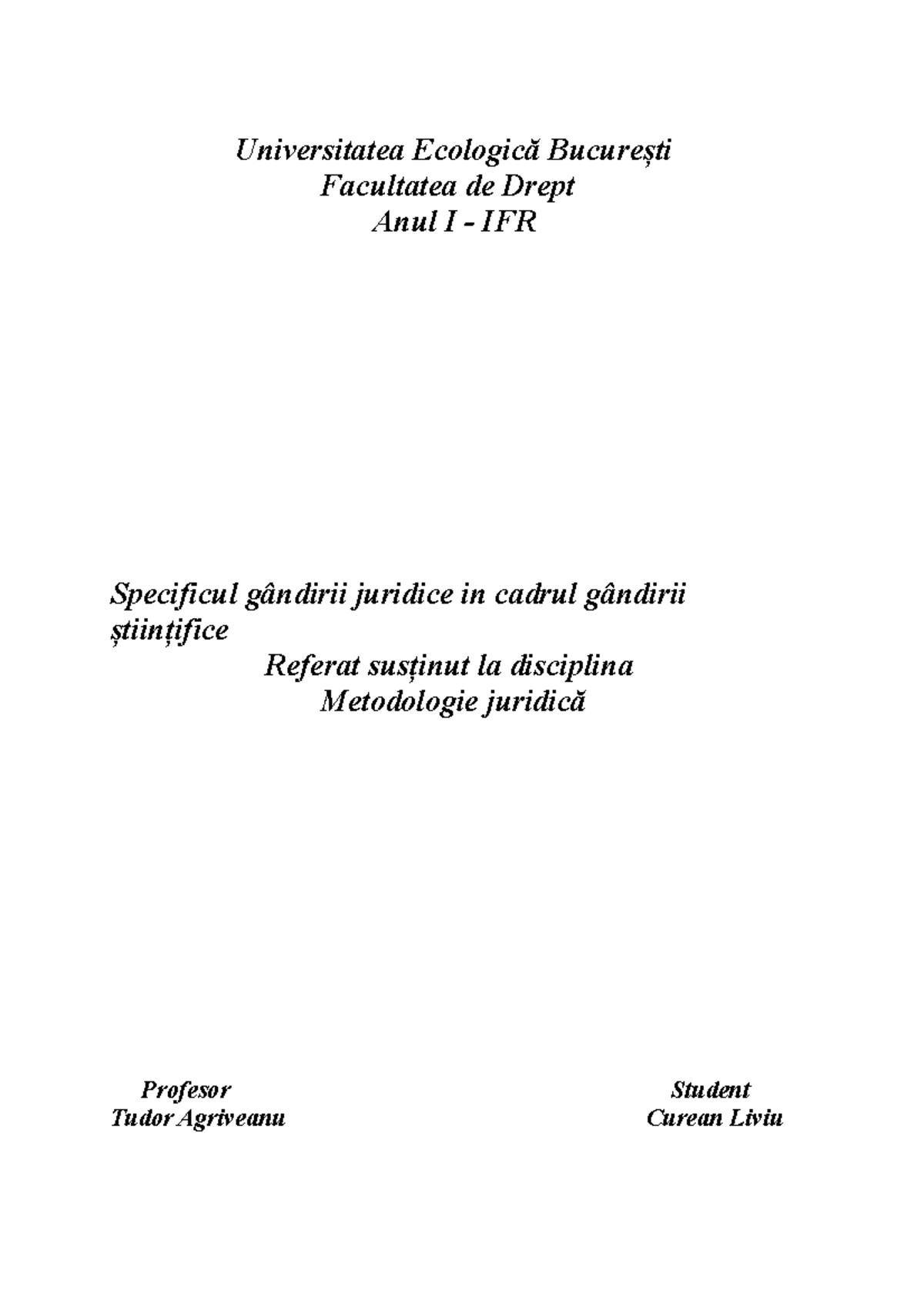 Referat - Universitatea Ecologică București Facultatea de Drept Anul I ...