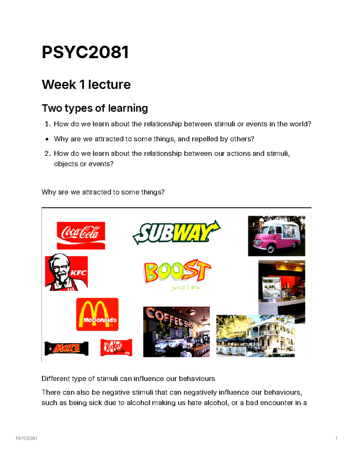 Psyc2081 Incomplete Lecture Notes Psyc Week 1 Lecture Two Types Of
