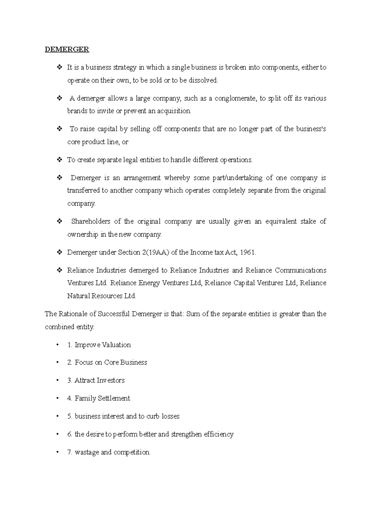 Demerger - DEMERGER It is a business strategy in which a single ...