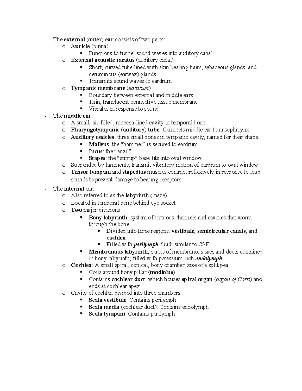Biology - Lecture notes 1 - The external ( outer ) ear consists of two ...