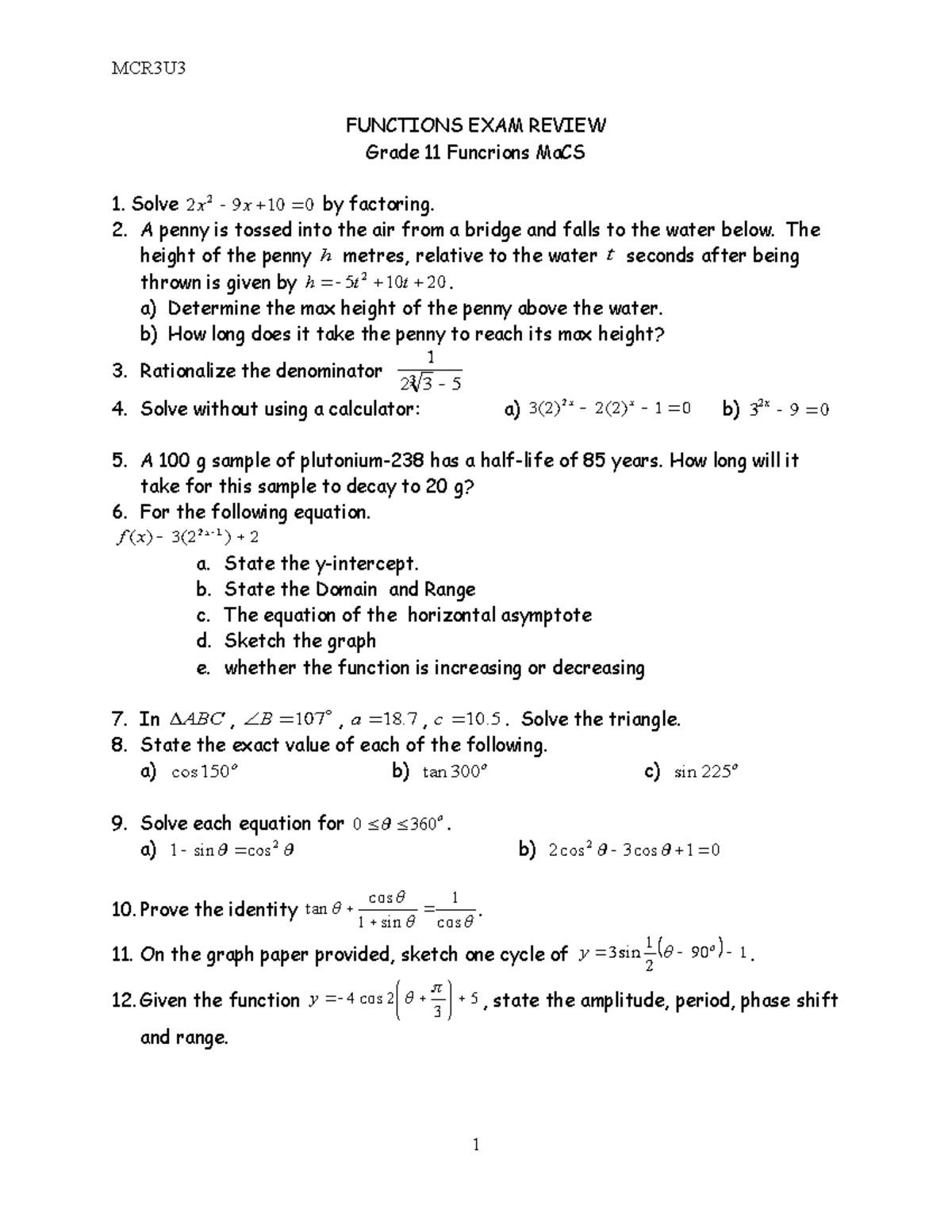 ExamReview11MCR3U3MaC - FUNCTIONS EXAM REVIEW Grade 11 Funcrions MaCS 1 ...