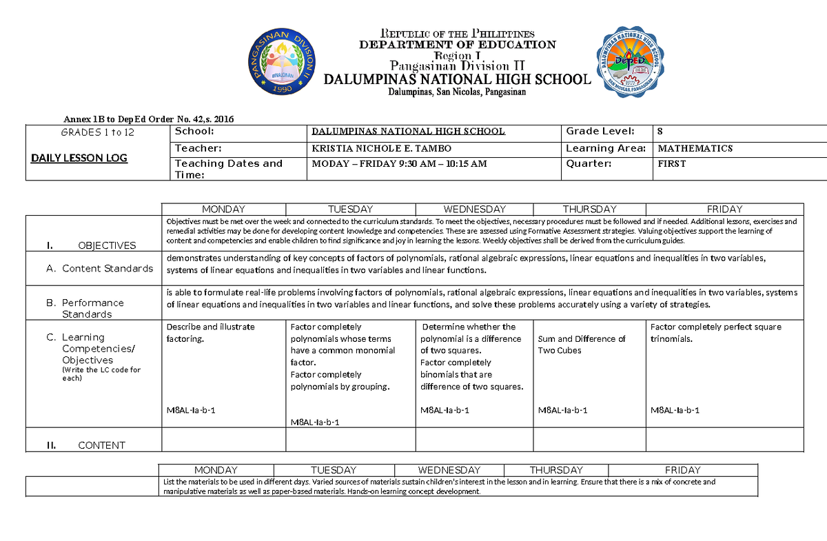 Math 8 - Daily lesson plan math 8 - Annex 1B to DepEd Order No. 42,s ...