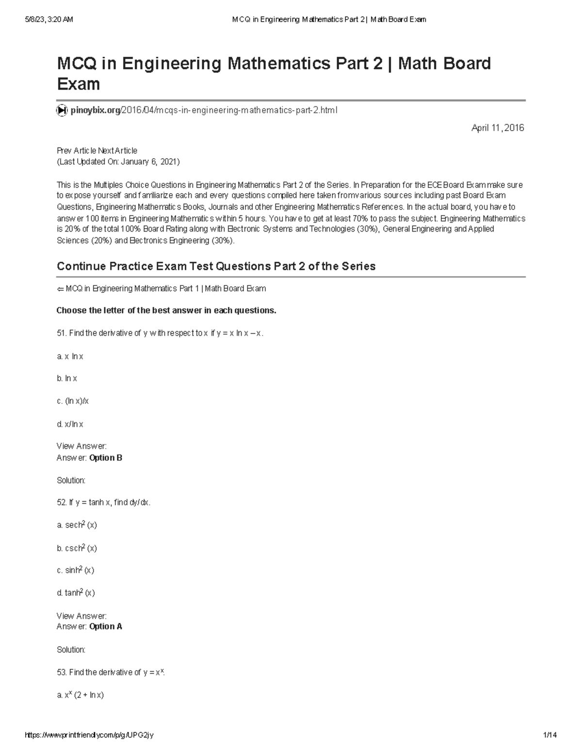 Mathematics Part 2 Math Board Exam - April 11, 2016 MCQ in Engineering ...